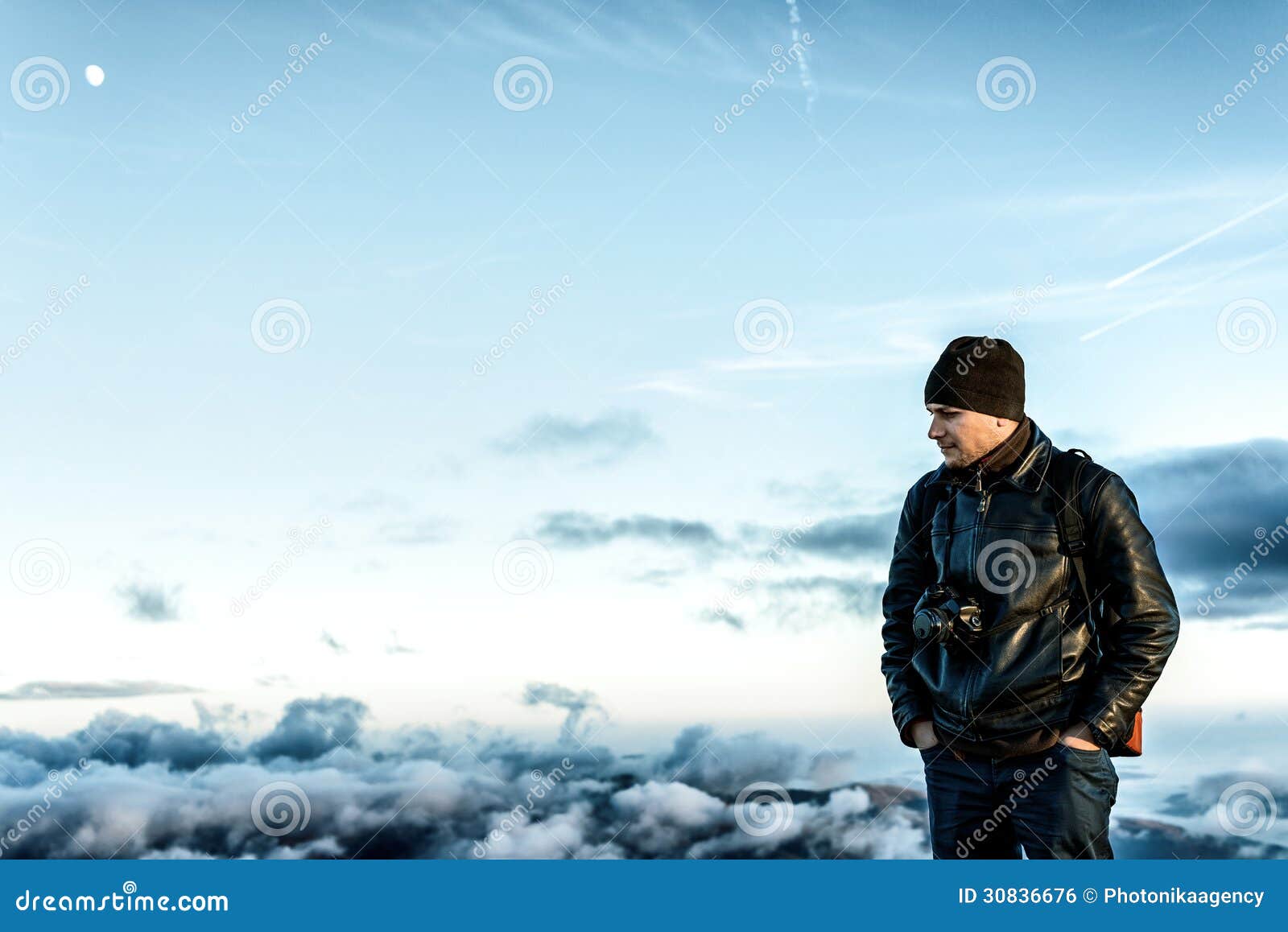 Sad Man with Camera on Peak Looking Down Stock Photo - Image of ...