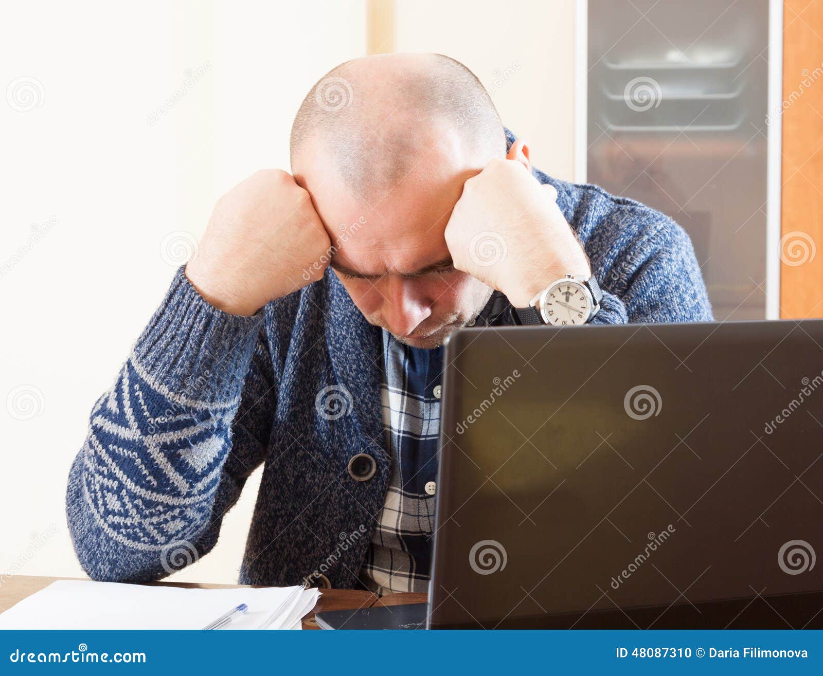 Sad man at computer stock photo. Image of home, portrait - 48087310