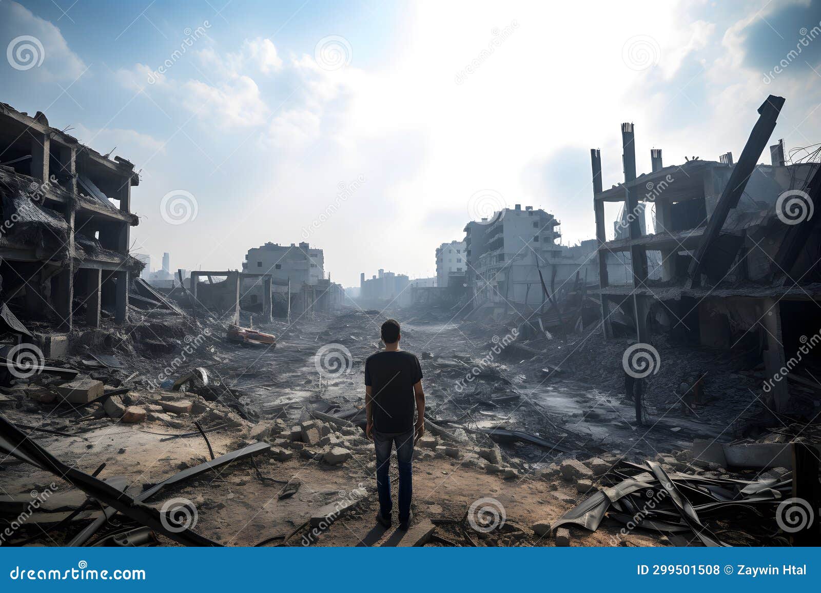 Sad Man in Destroyed City during War Stock Illustration - Illustration ...