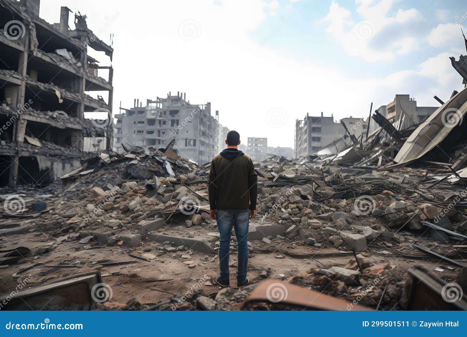Sad Man in Destroyed City during War Stock Illustration - Illustration ...