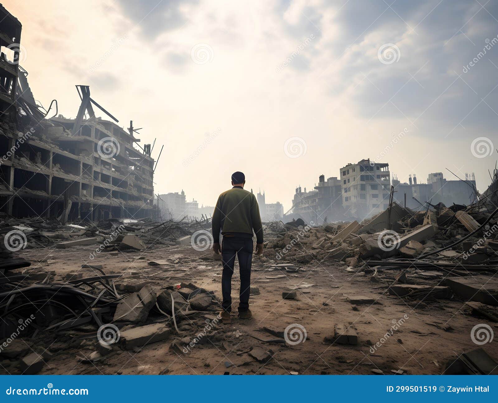 Sad Man in Destroyed City during War Stock Illustration - Illustration ...