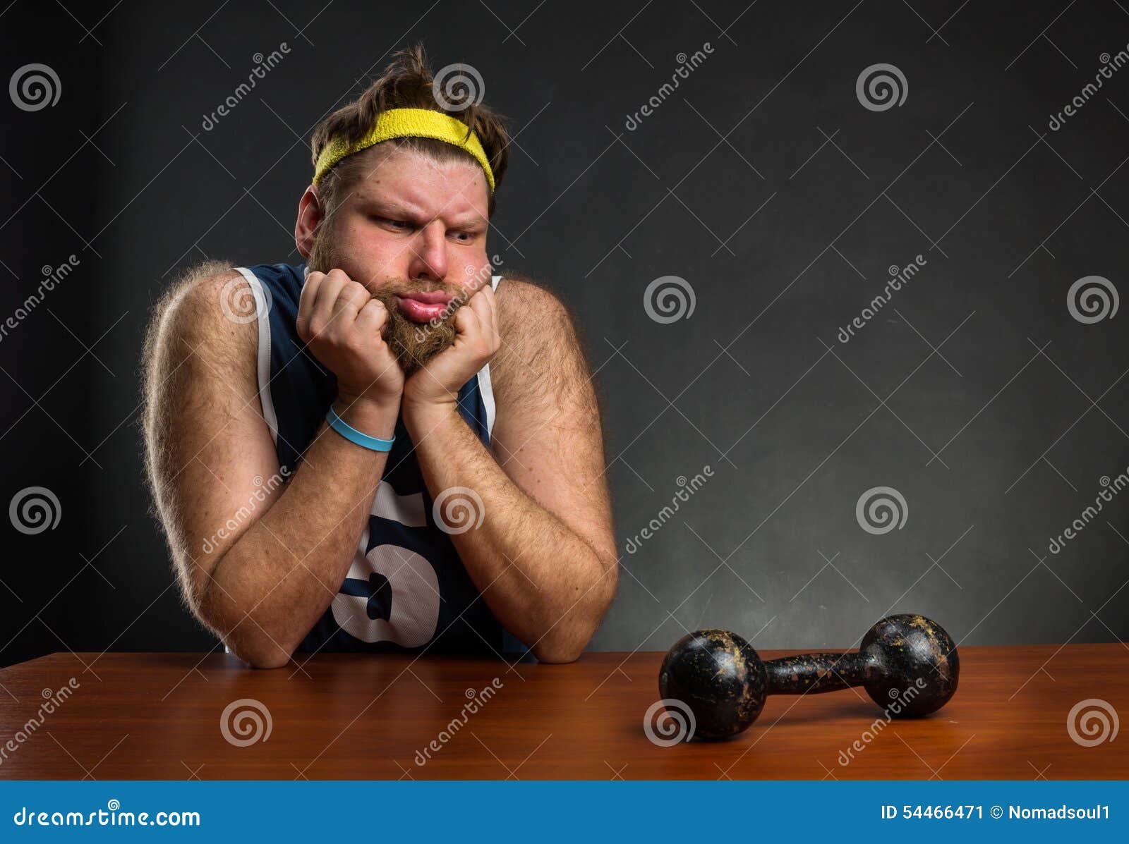 Sad man with a dumbbell stock image. Image of belly, athlete - 54466471