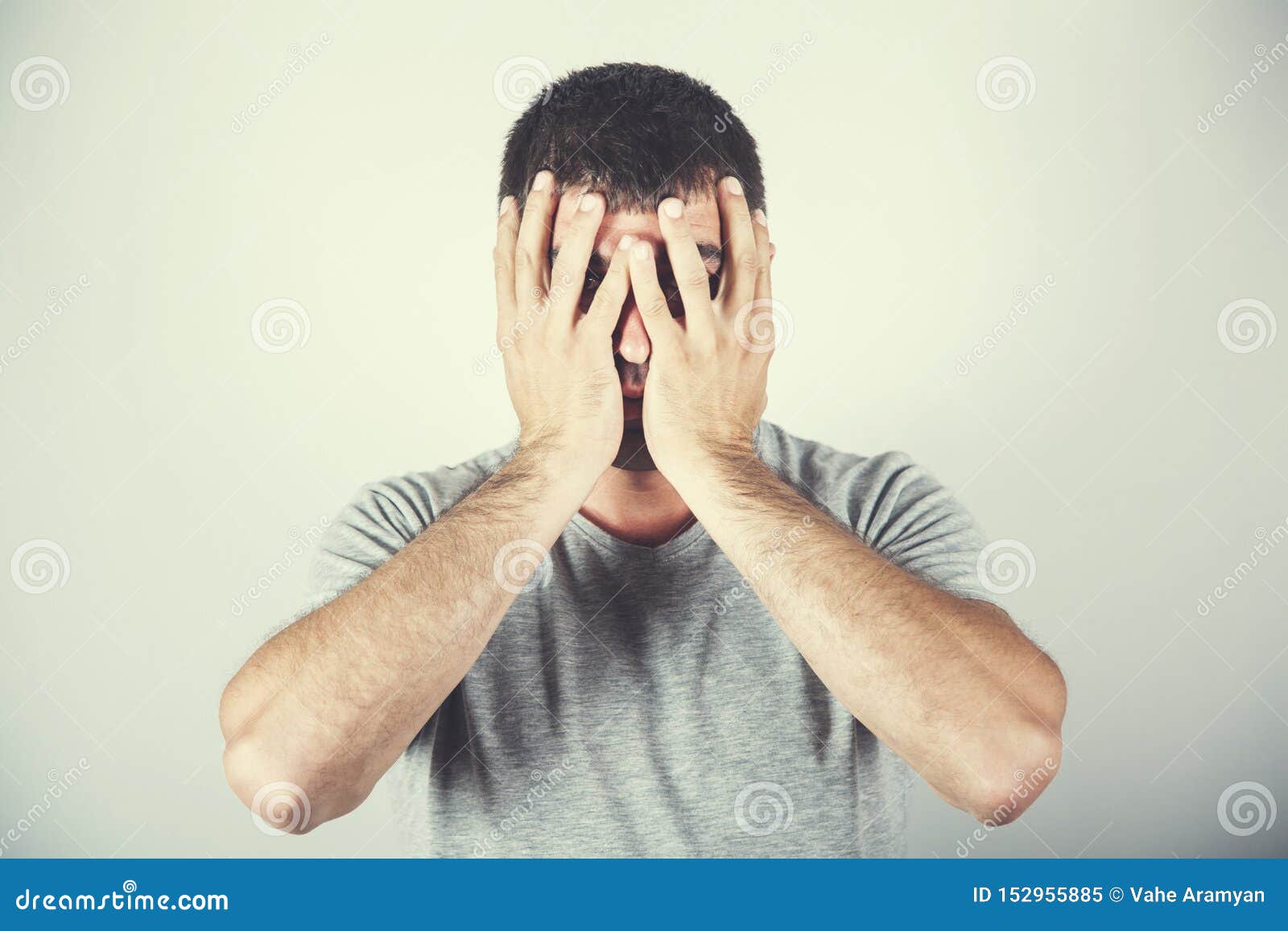Sad man hand in face stock image. Image of male, face - 152955885