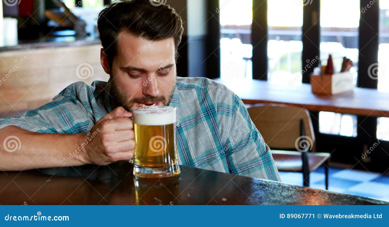 Sad Man Having Beer at Bar Counter Stock Video - Video of forehead ...