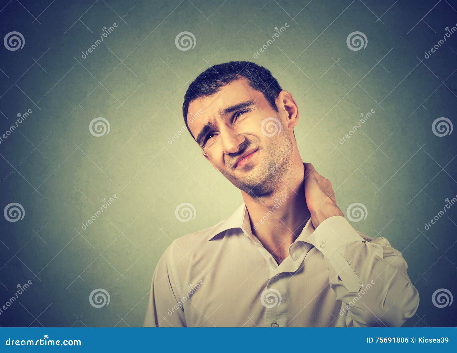 Sad man having neck pain stock photo. Image of space - 75691806
