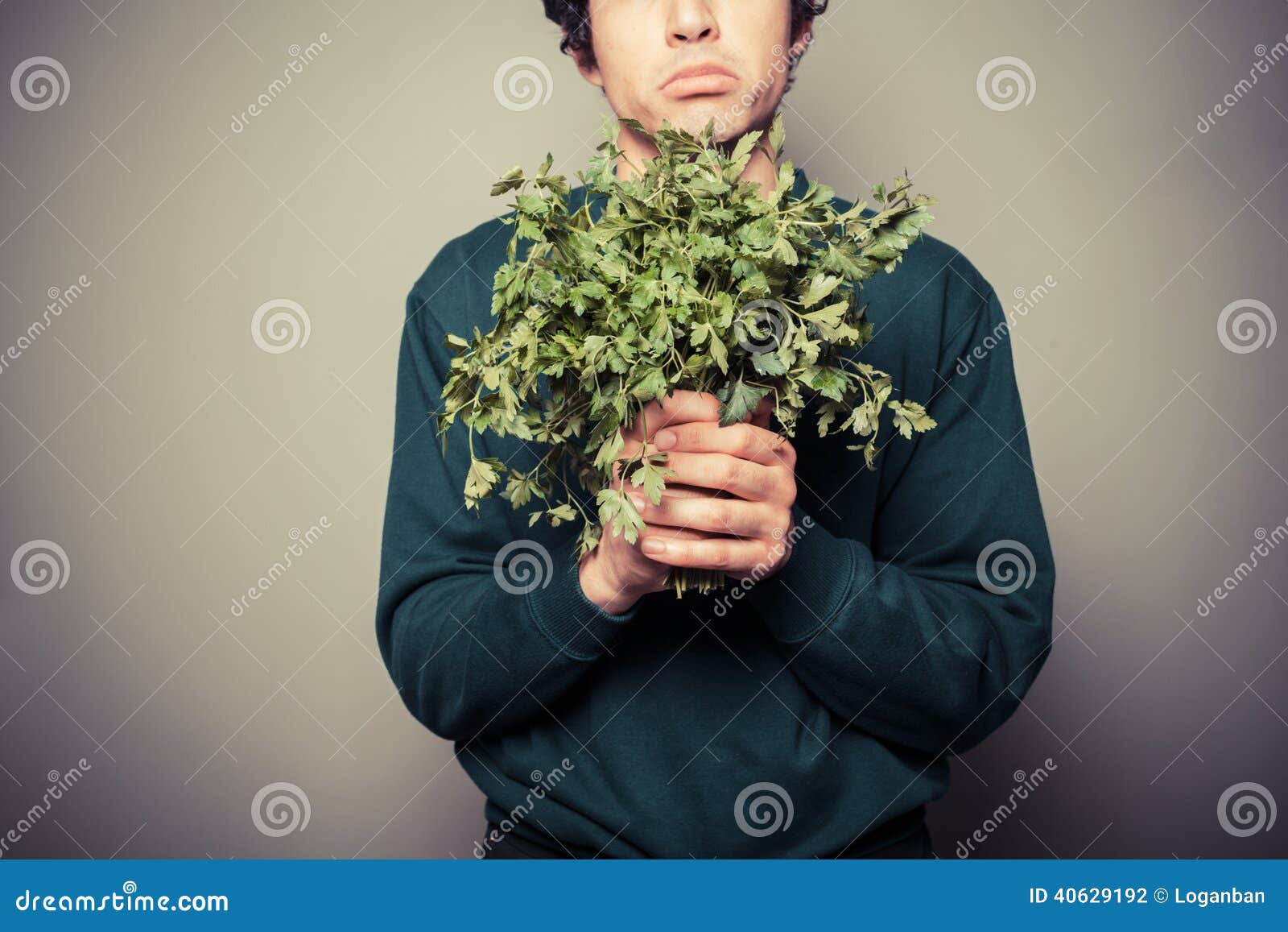 Sad Man Holding a Bunch of Parsley Stock Photo - Image of healthy ...