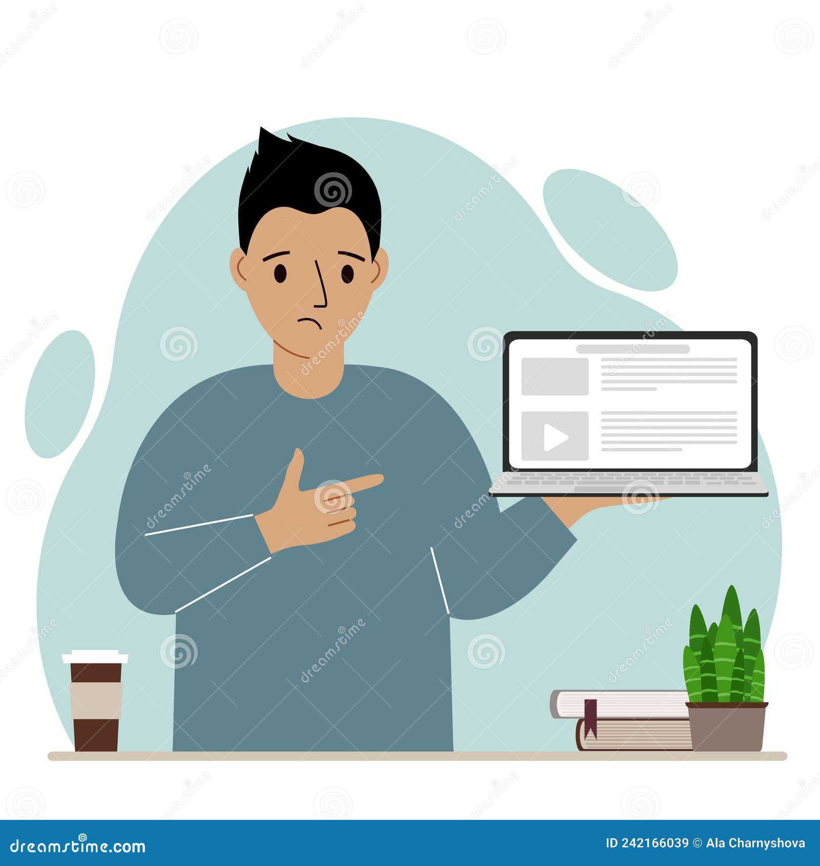 Sad Man Holding a Laptop Computer with One Hand and Pointing at it with ...