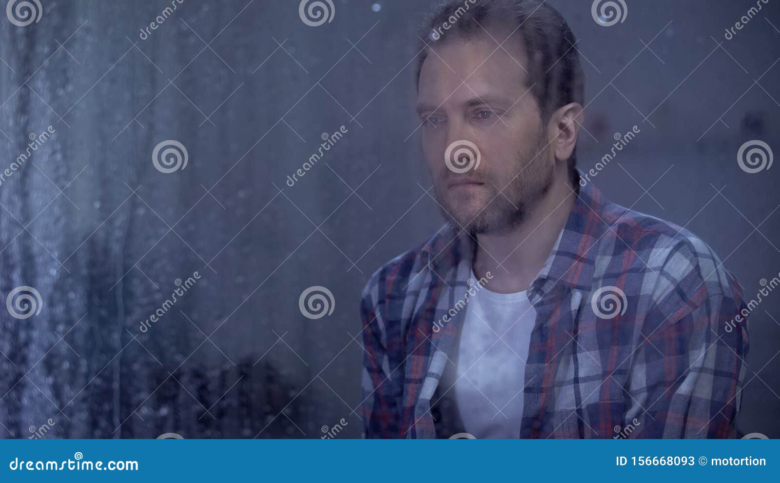 Sad Man Looking through Window during Rainy Weather, Thinking about ...