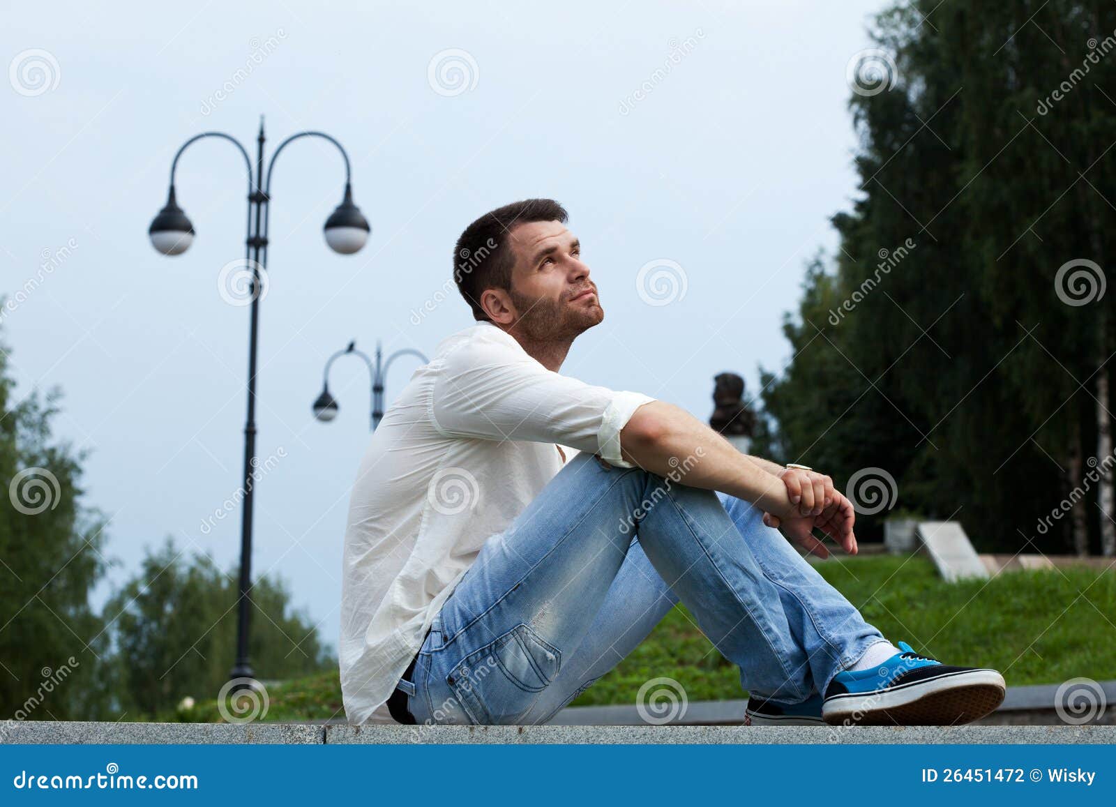 Sad Man Relax in Summer City Park Stock Photo - Image of human, head ...