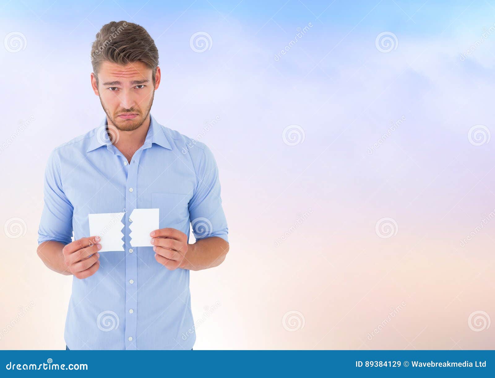 Sad Man Ripping Paper Against Soft Sky Stock Image - Image of light ...