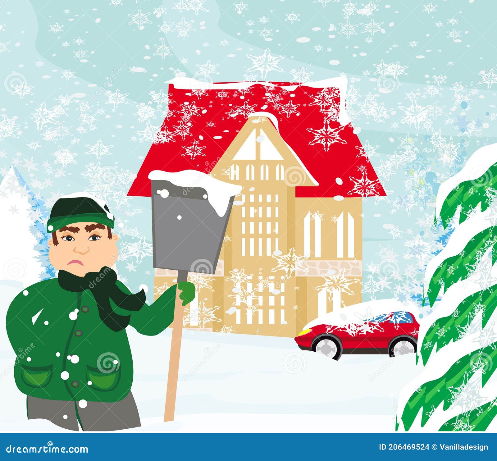 Sad Man Is Shoveling Snow In Front Of His House Vector Illustration ...