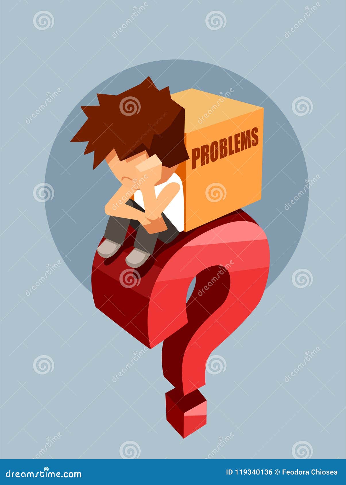 Sad Man Sitting on a Big Red Question with Box of Problems Stock ...