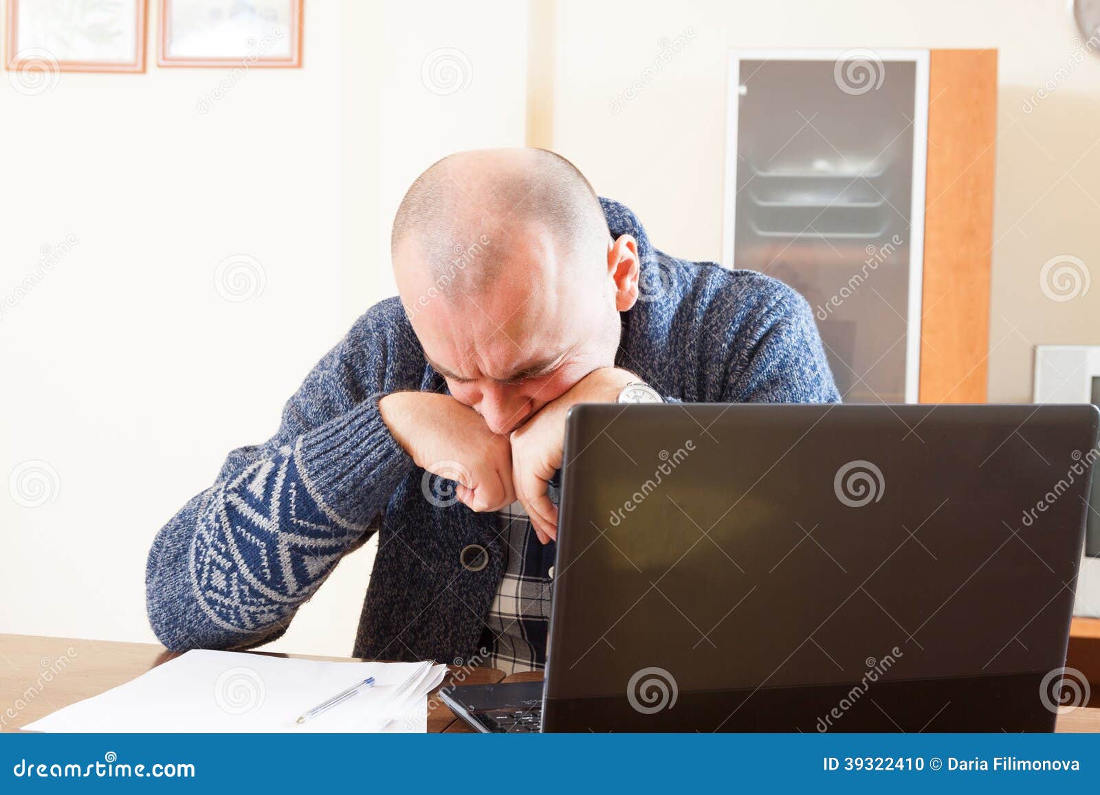 Sad Man Sitting at His Laptop Stock Photo - Image of laptop, jacket ...