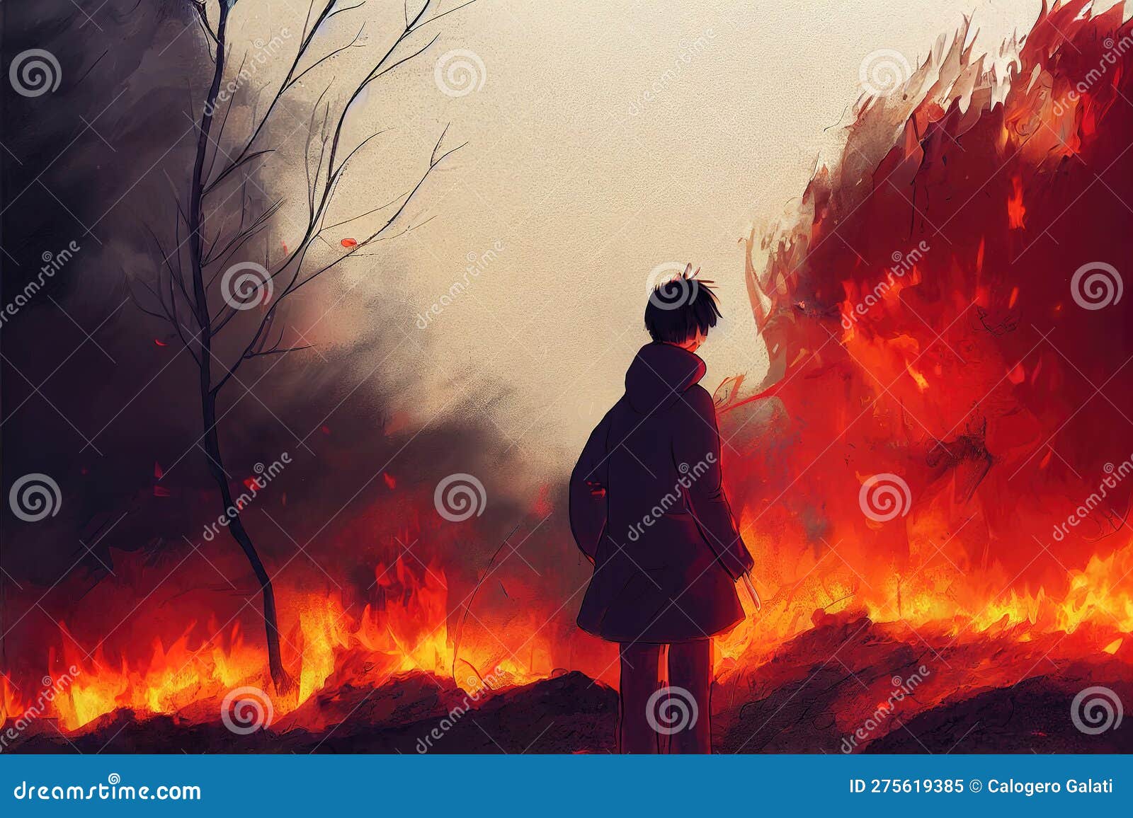 A Sad Man Standing in Front of a Burning Landscape, Fire Everywhere, Ai ...