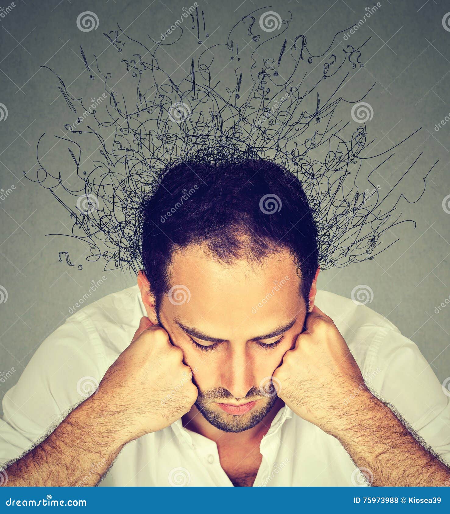 Sad Man with Stressed Face Expression Brain Melting into Lines Stock ...