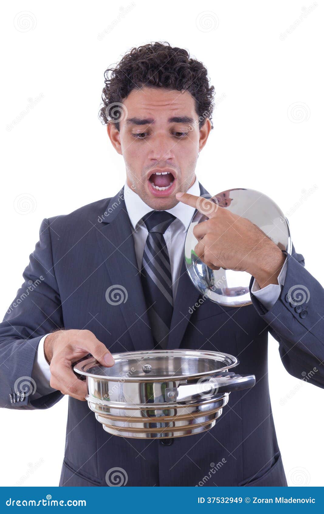 Sad Man in Suit Holding Cooking Pot and Asking for Lunch Stock Image ...