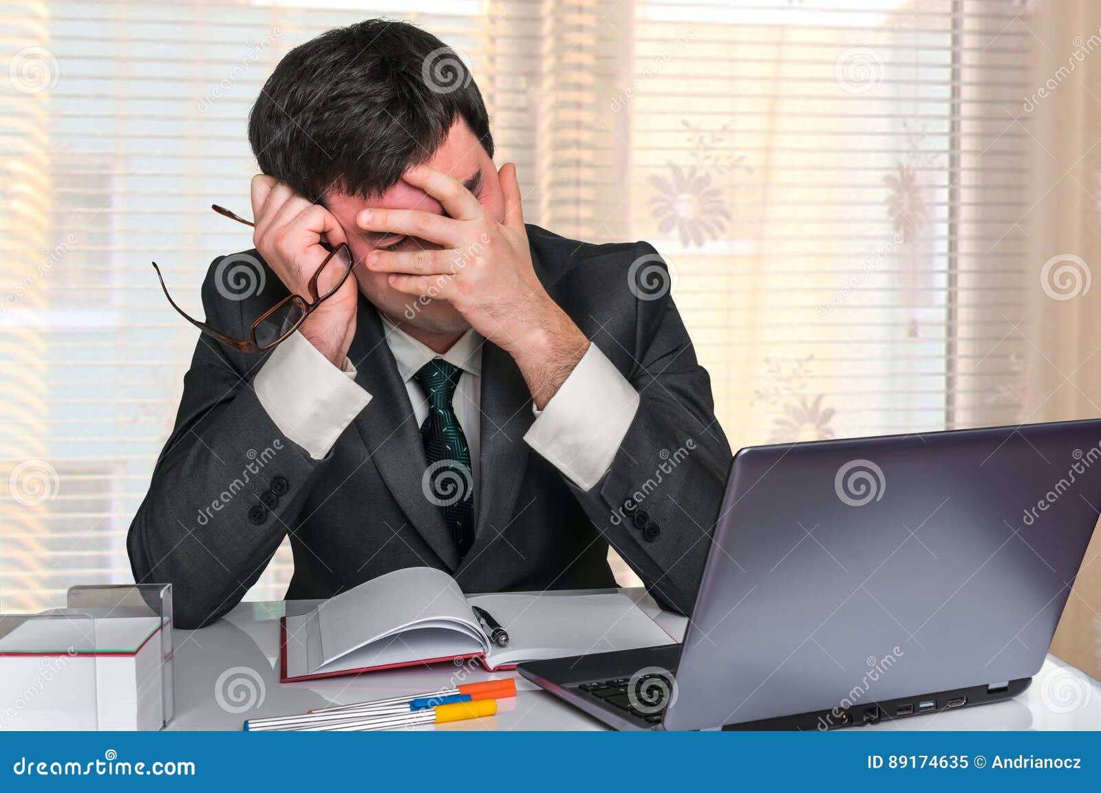 Sad Man Working on Laptop in the Office Stock Image - Image of notebook ...