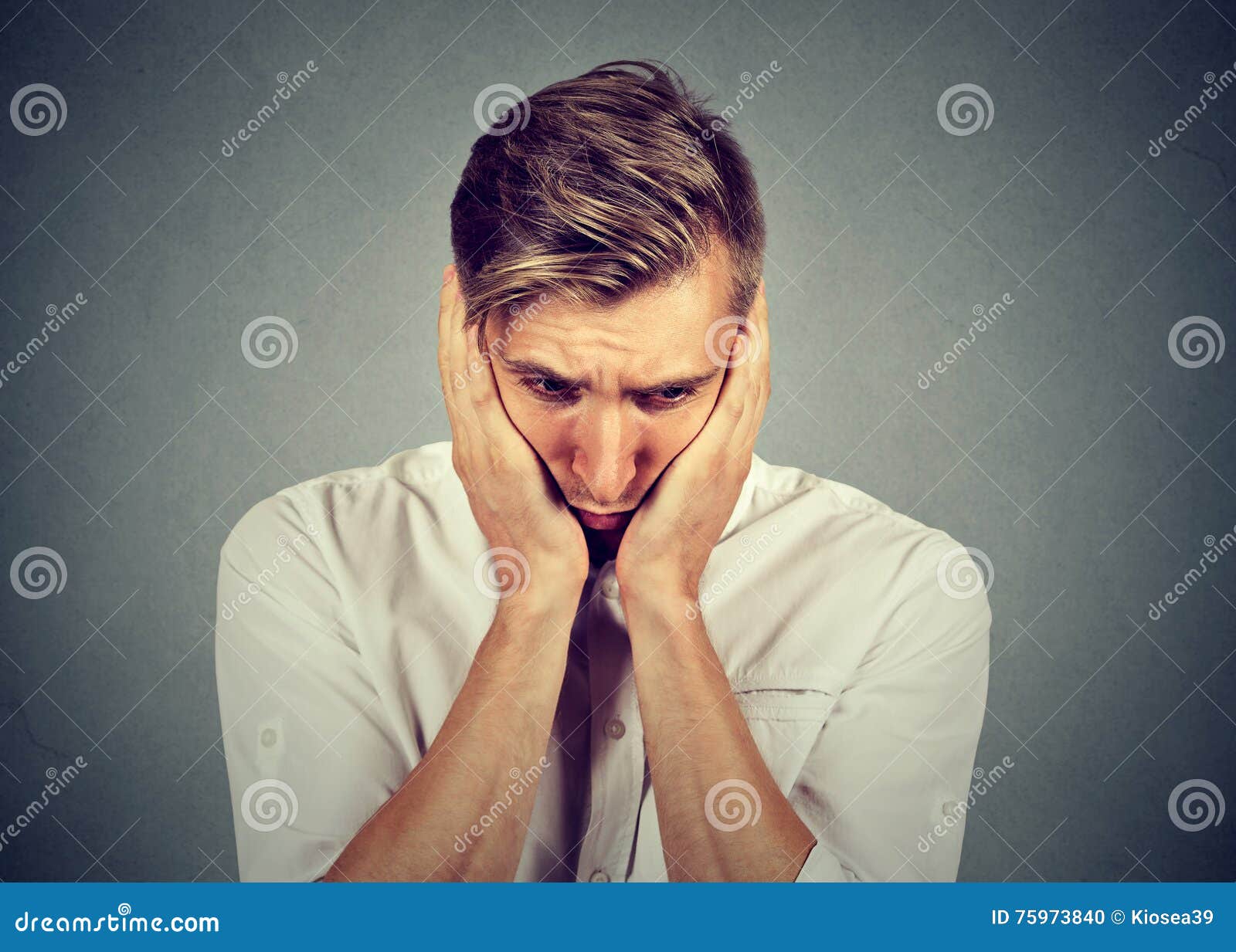 Sad Man with Worried Stressed Face Expression Looking Down Stock Photo ...