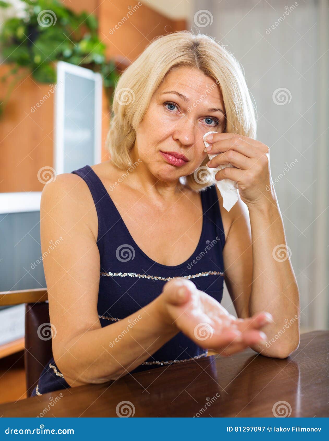 Sad Mature Woman Sitting at Table Stock Image - Image of grief, nervous ...