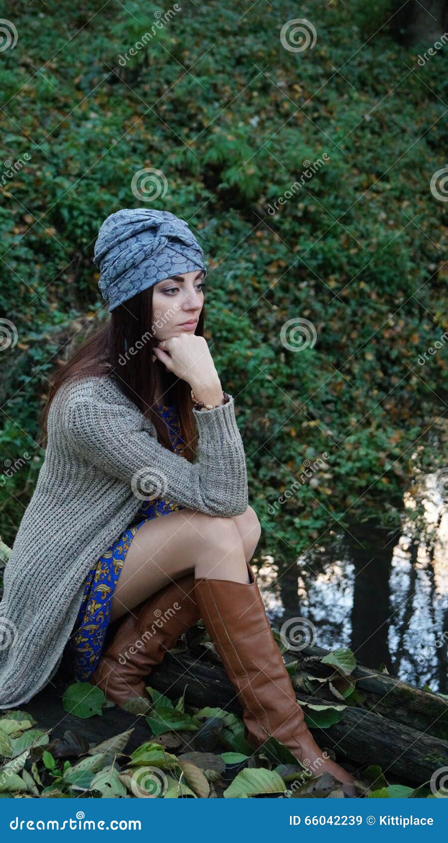 The Sad and Modest Girl Sitting by a Stream Stock Image - Image of fall ...