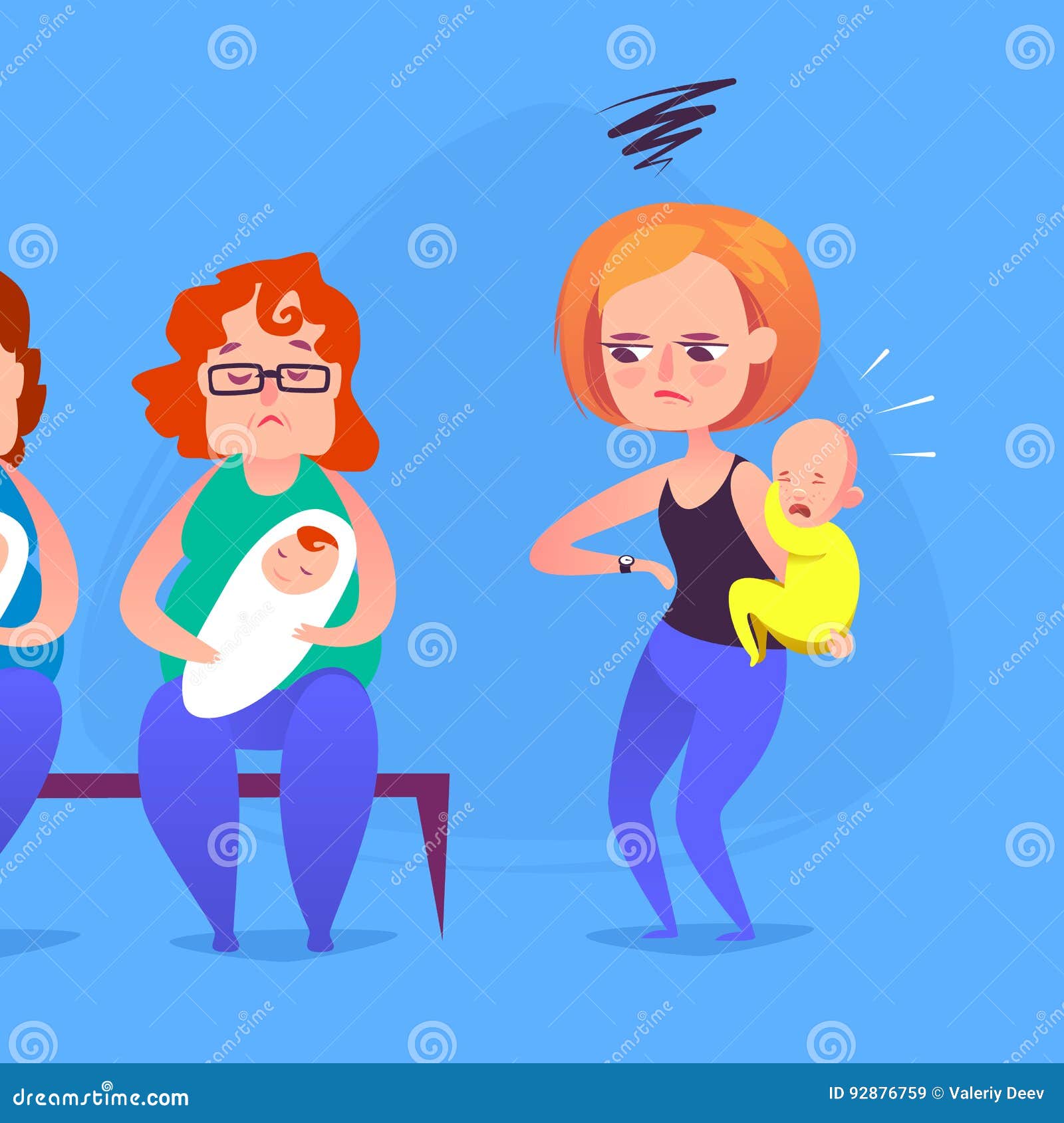 Sad Mother With A Crying Child In A Queue. Vector Illustration ...