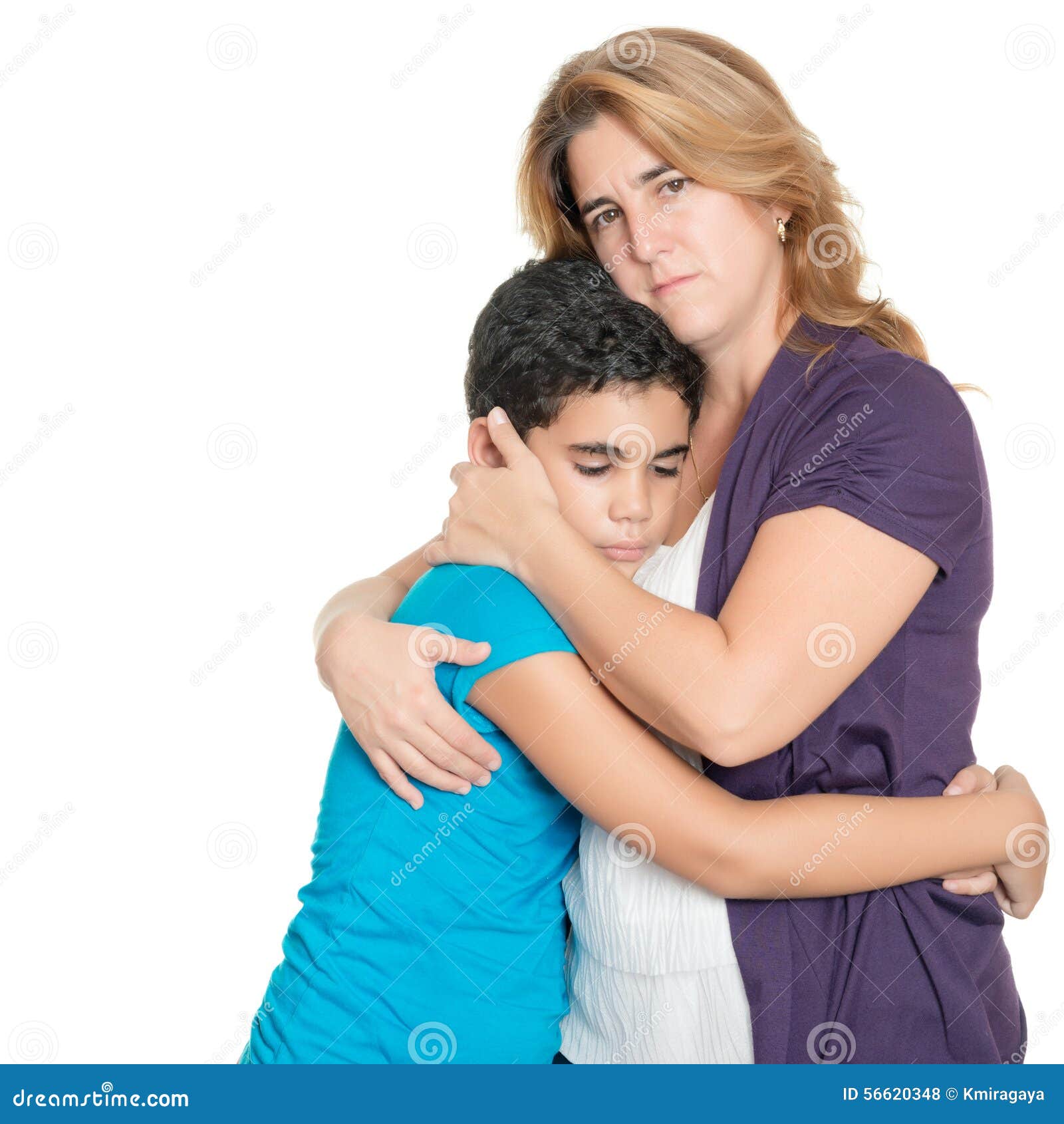 Sad Mother Hugging Her Son Isolated on White Stock Photo - Image of ...