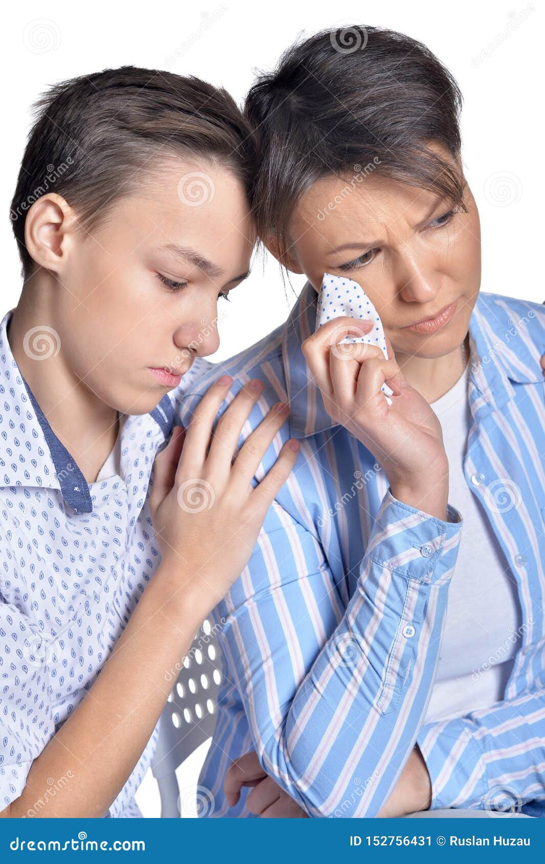 Sad Mother and Son Posing on White Background Stock Image - Image of ...