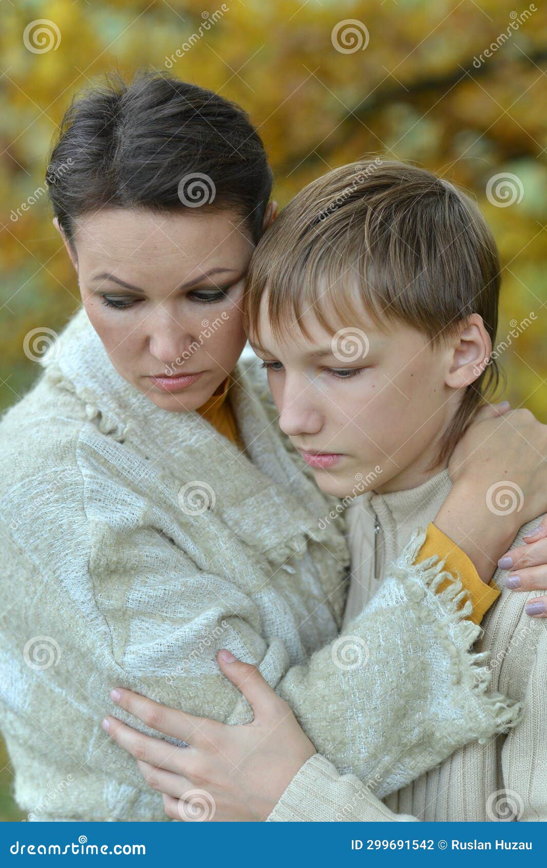 Sad Mother with Son on a Walk in Park Stock Photo - Image of person ...
