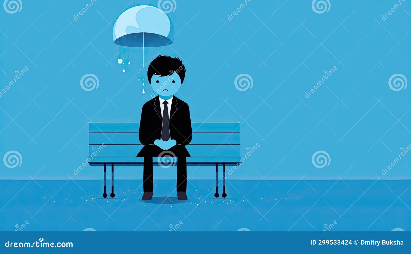 Sad Office Worker Sitting on a Bench on a Blue Background, Copy Space ...
