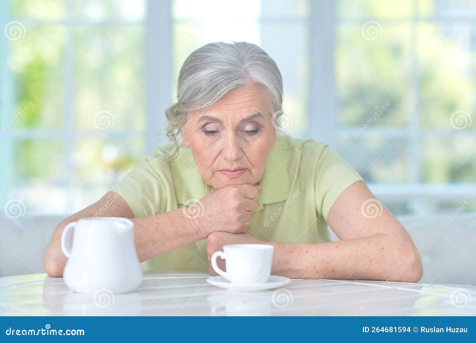 Sad Old Woman Drinking Tea at Home Stock Photo - Image of senior ...