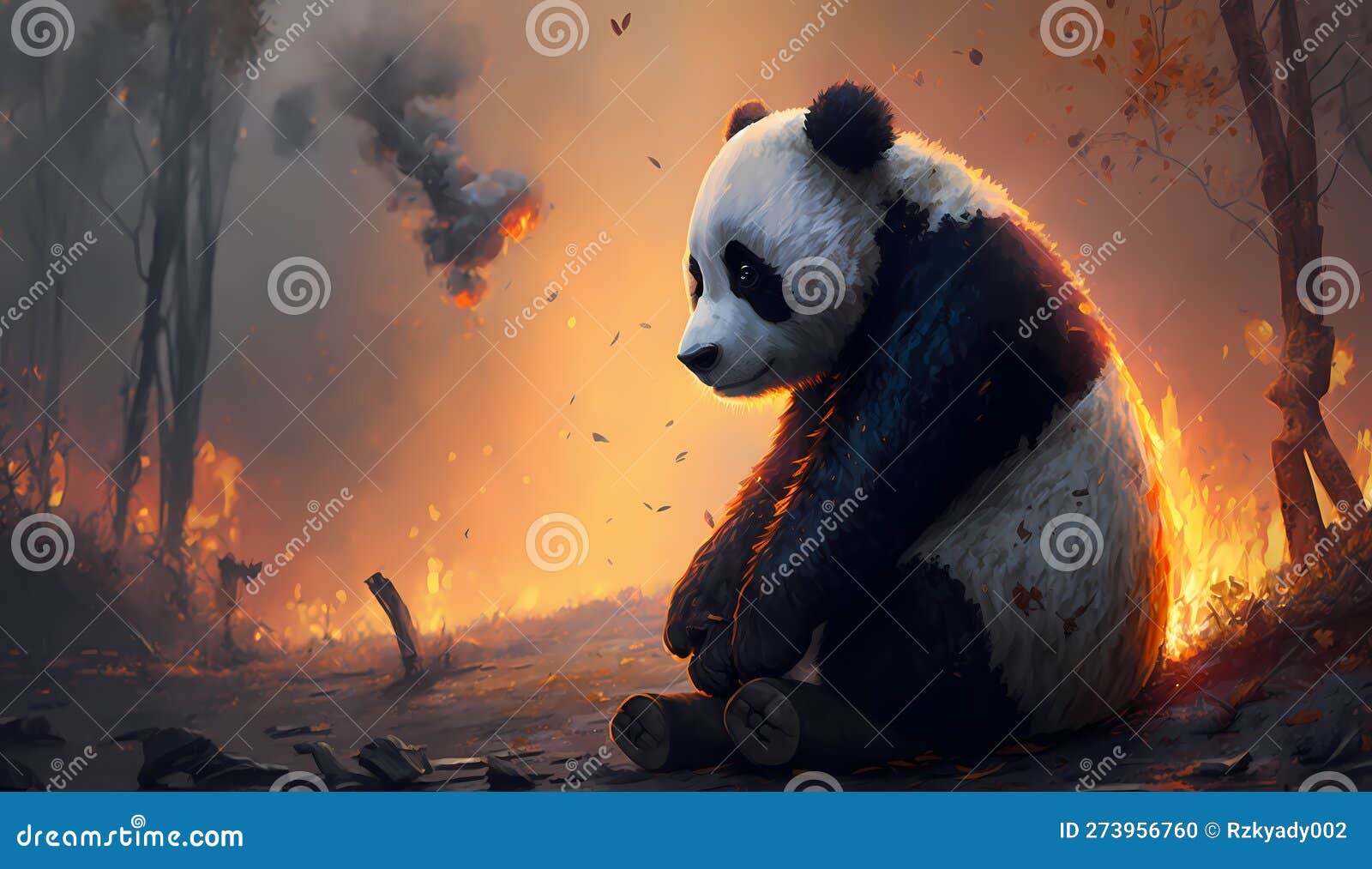 Panda Exhausted In The Midst Of Wildfires And Smoke. Wildlife Animals. Illustration. Generative ...