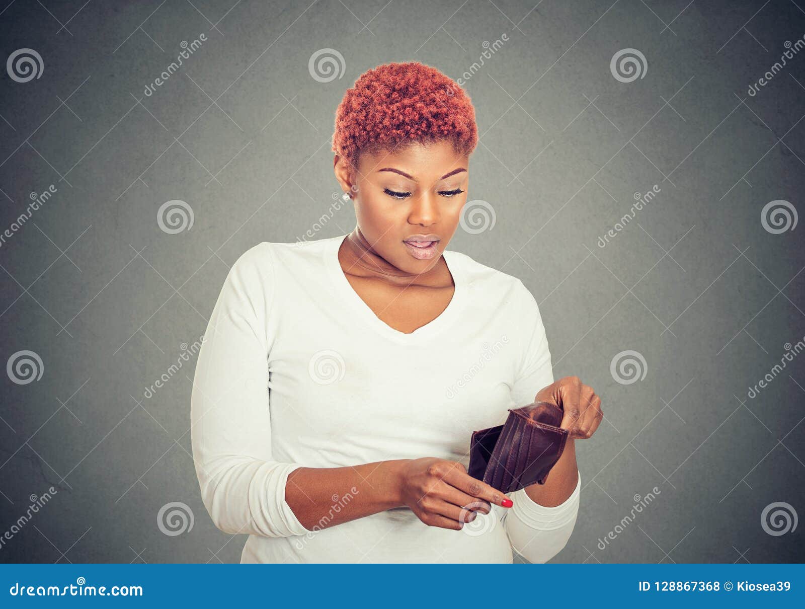 Sad Poor Woman Showing Her Empty Wallet Stock Photo - Image of bank ...