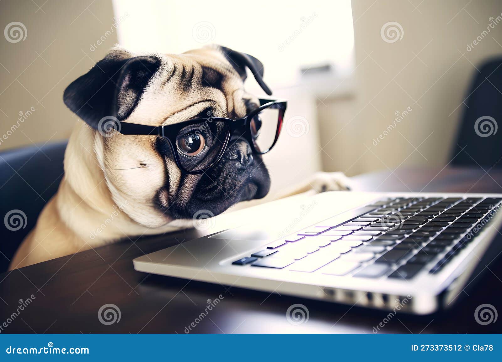 A Sad Pug in Front at His Laptop, Ai Generative Illustration Stock ...