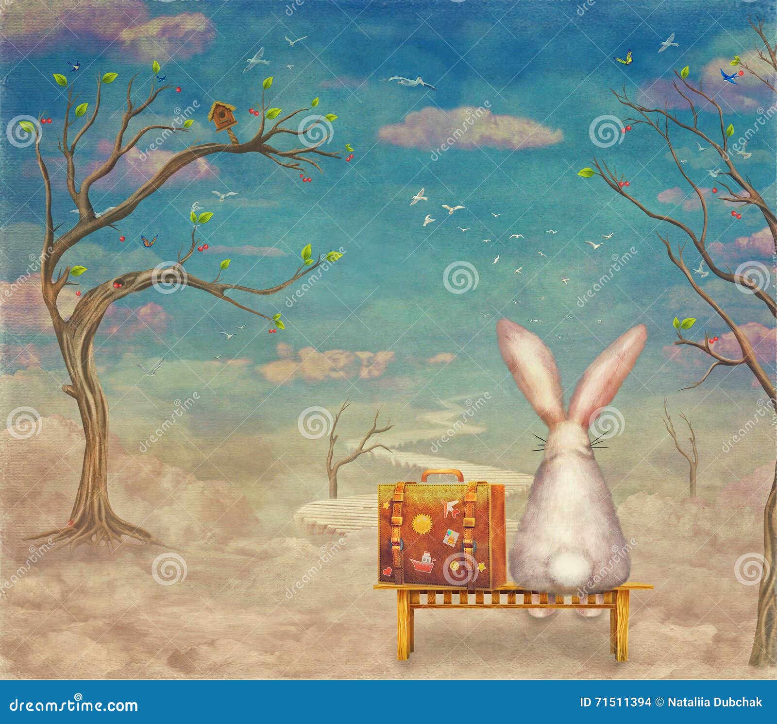 Sad Rabbit With Suitcase Sitting On The Bench On The Glade Royalty-Free ...
