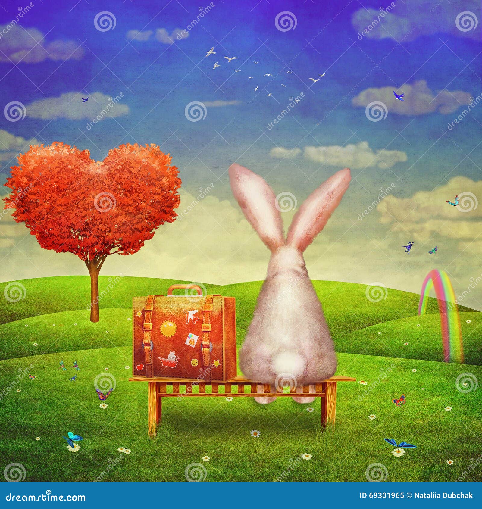 Sad Rabbit With Suitcase Sitting On The Bench On The Glade Royalty-Free ...