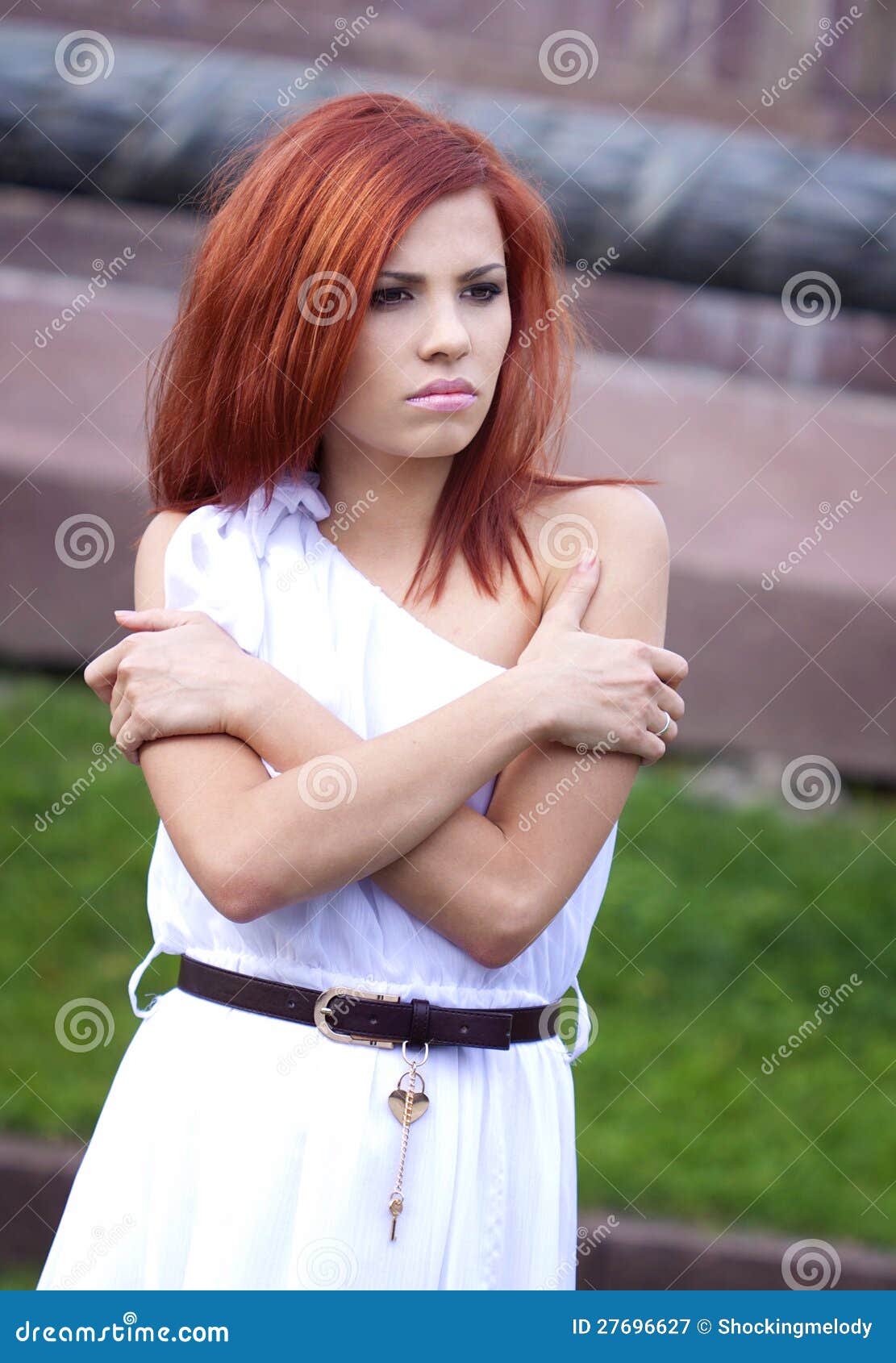 Sad red hair girl stock image. Image of cute, hands, body - 27696627