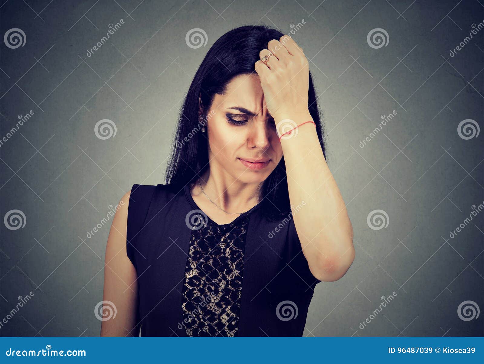 Sad Regretful Woman Looking Down Stock Image - Image of female, black ...