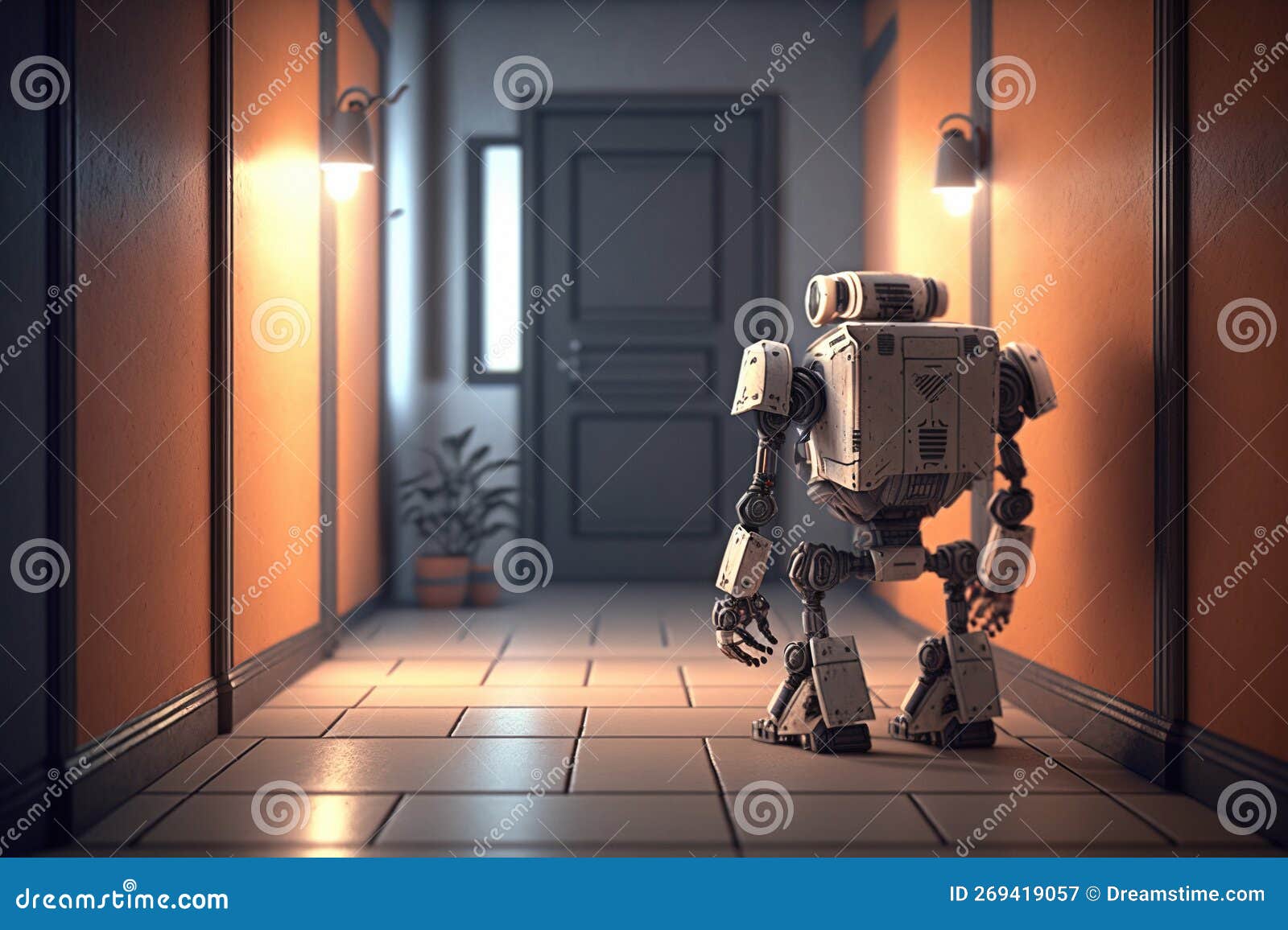 A Sad Robot with a Bowed Head is about To Leave the House.Generative AI ...