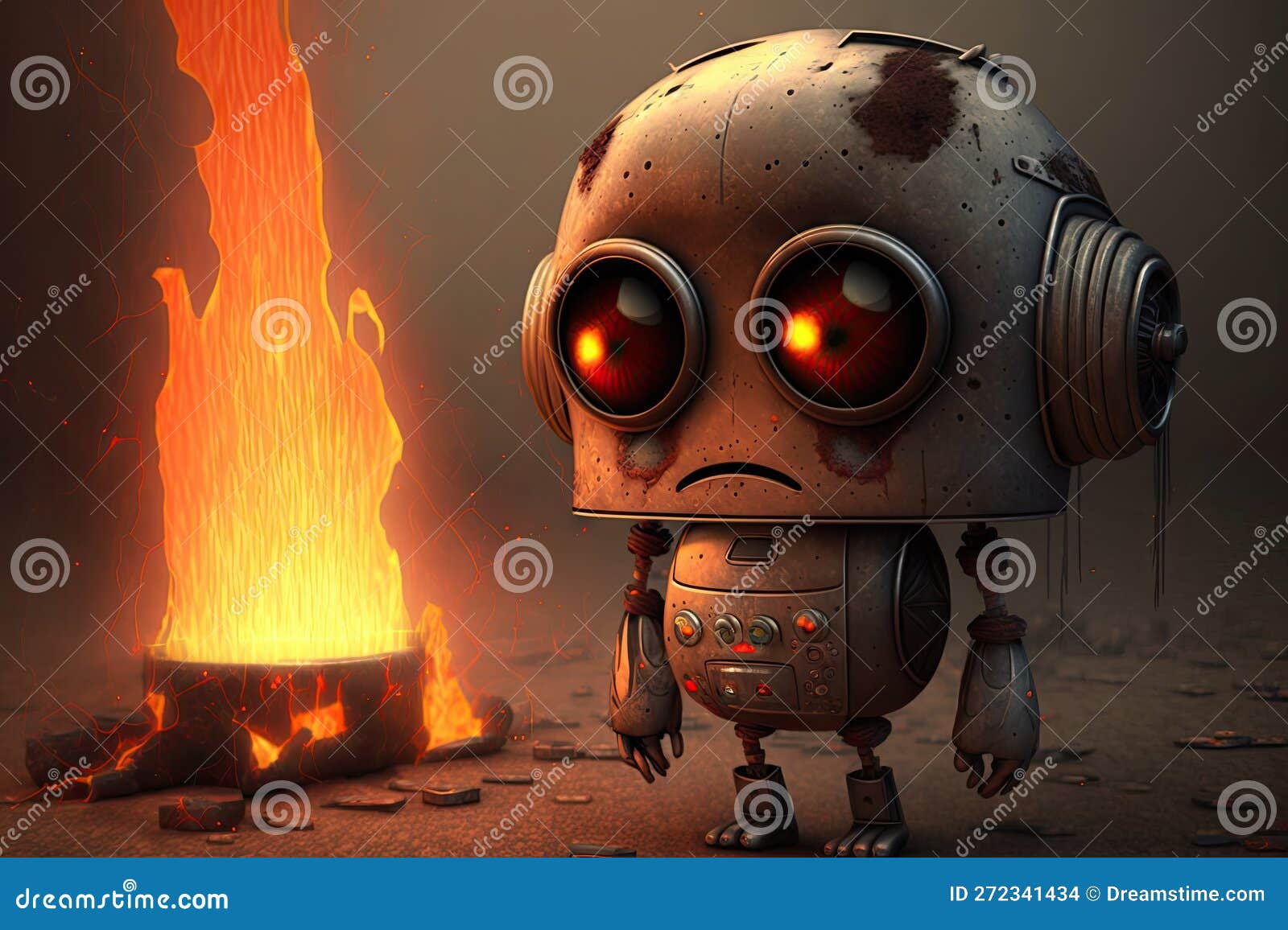 Sad Robot with Burning Head and Big Eyes Stock Illustration ...