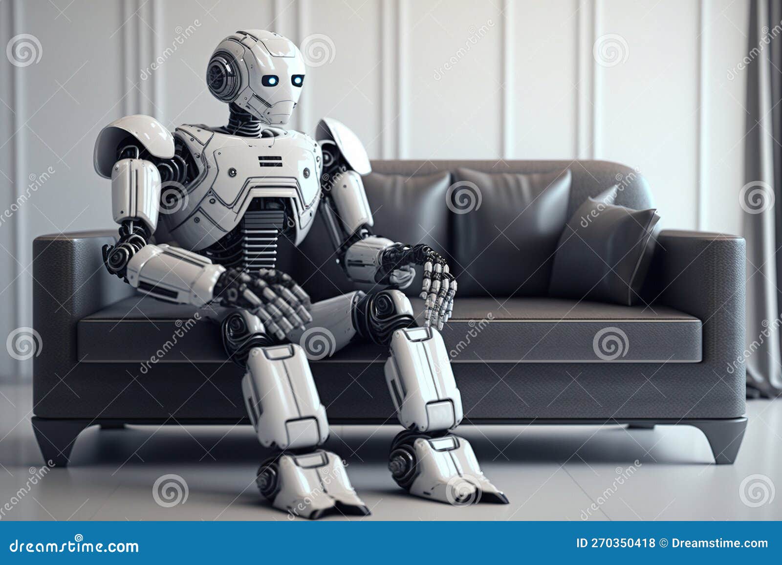 A Sad Robot Sits Alone on a Sofa in a Modern Living Room. AI Generative ...