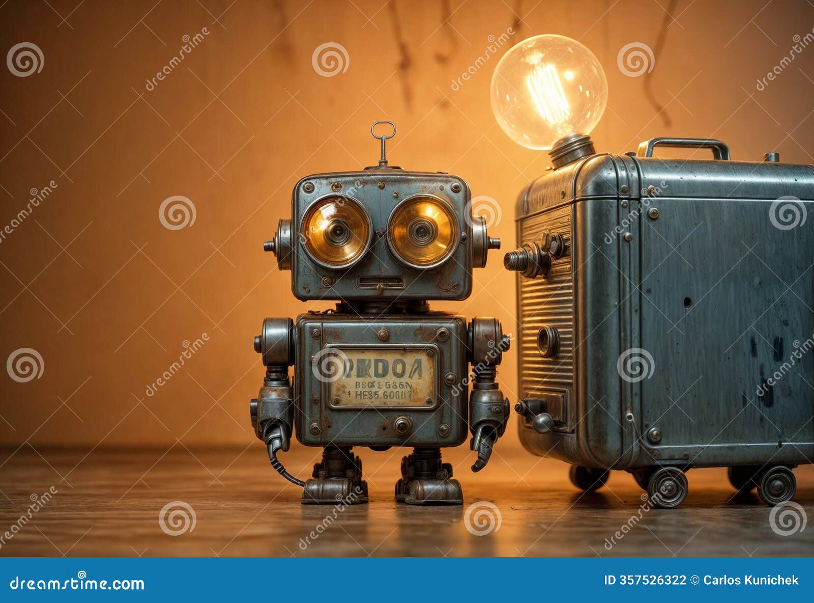 A Sad Robot Sitting on an Old Rectangular Tin Can, Its Head Looks Like ...