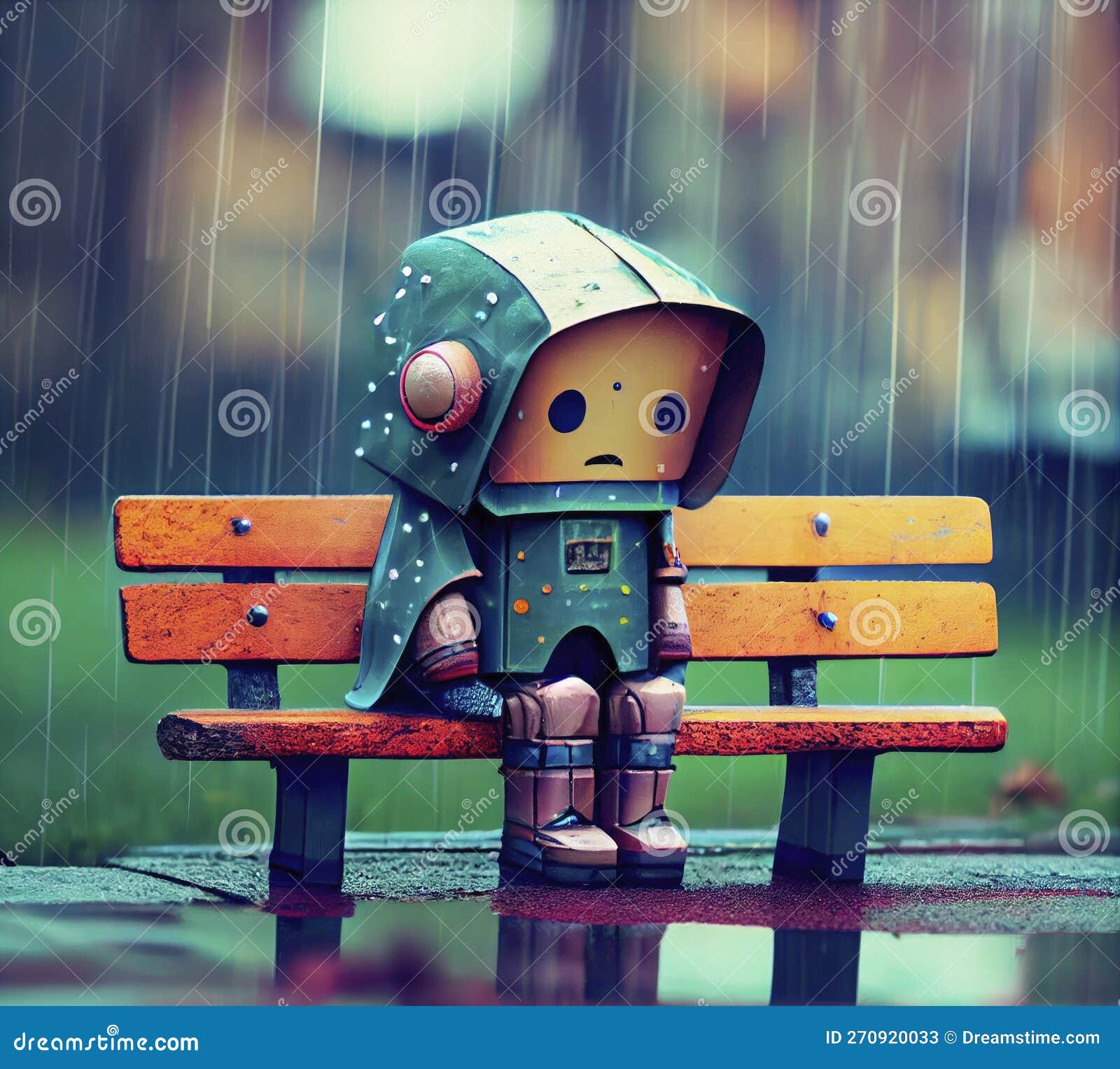 Sad Robot Sitting on a Park Bench in the Rain Generative AI ...