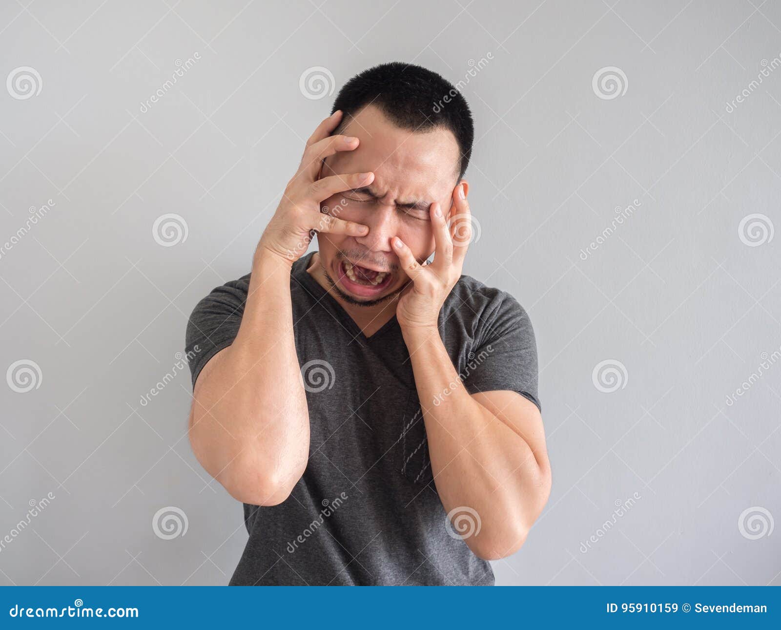 Sad and Scared Asian Man in Black T-shirt. Stock Image - Image of ...