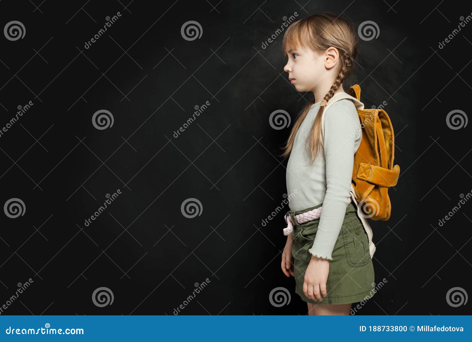 Sad School Child Girl Standing with Backpack on Black. School Problem ...