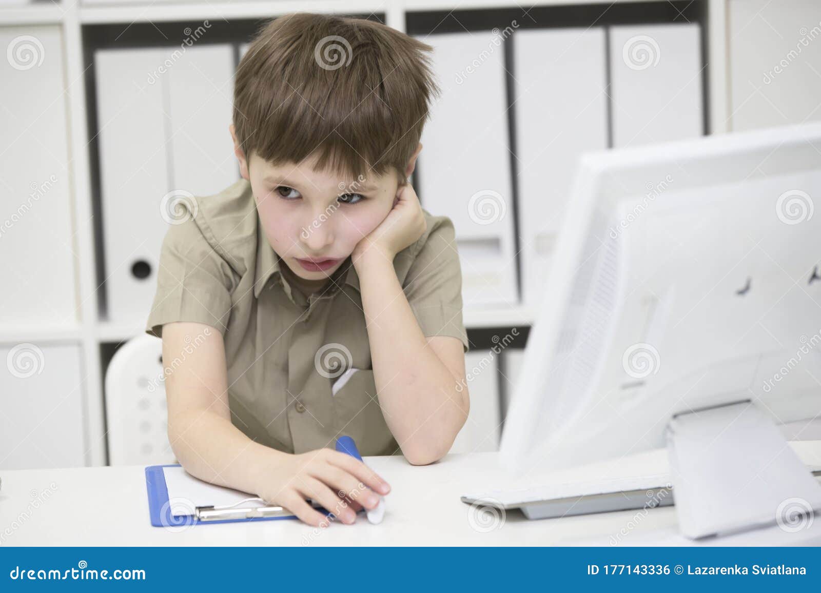 Sad Schoolboy Does Homework. Stock Photo - Image of education, process ...