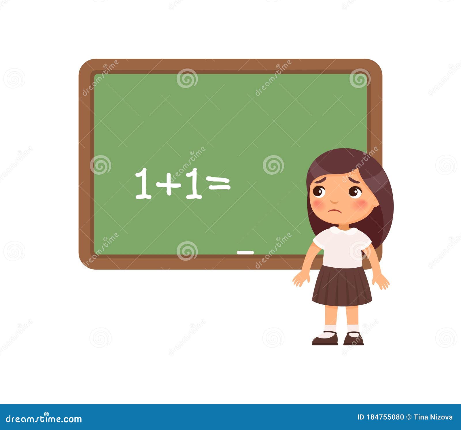 Sad Schoolgirl Is Standing In Front Of A Blackboard. Kid Cannot Solve ...