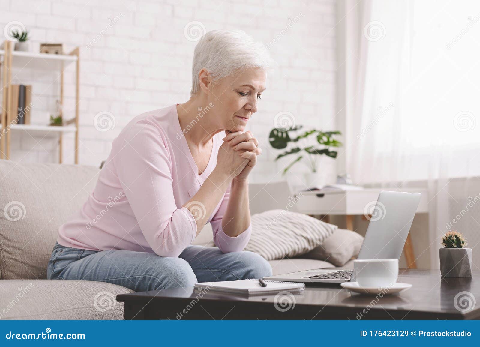 Sad Senior Lady Looking at Laptop with Perplexity Stock Image - Image ...