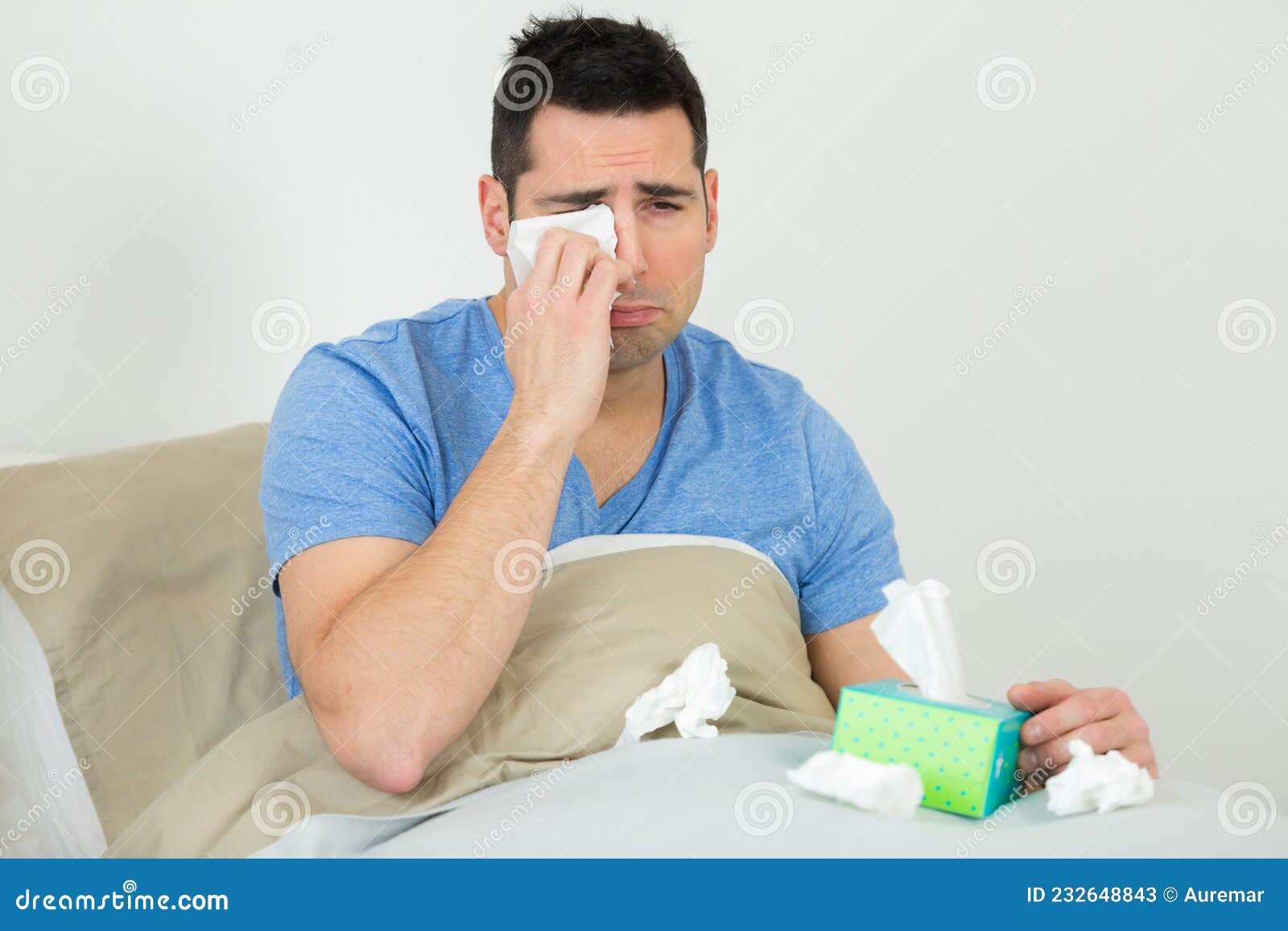 Sad Single Man Lamenting Sitting on Bed Stock Image - Image of ...