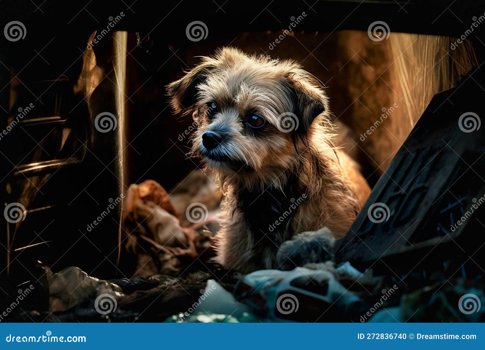 Sad Dog Abandoned between Trash in Dumpster. Generative AI Stock ...