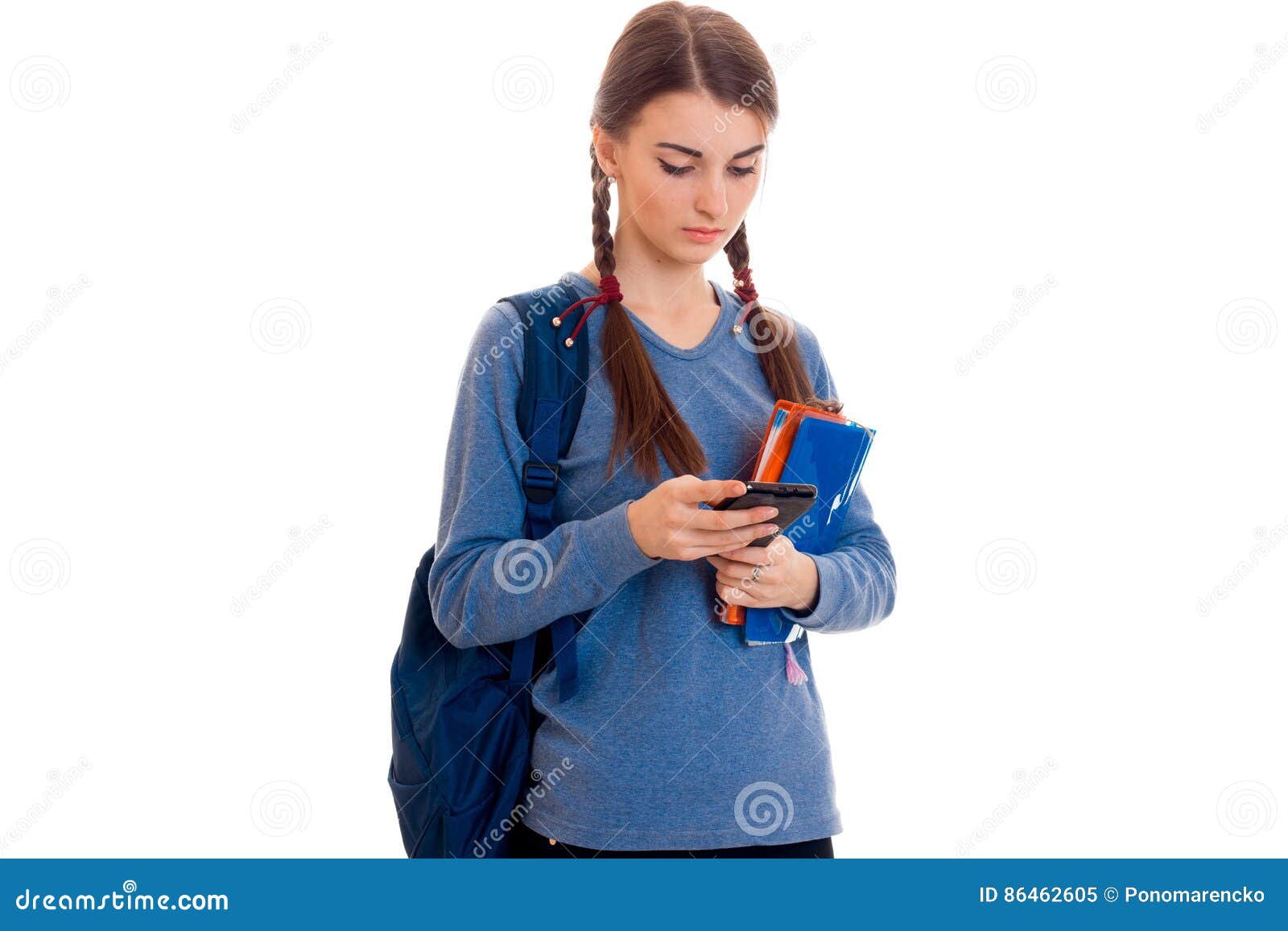 Sad Smart Student Girl with Backpack on Her Shoulders and Folder for ...